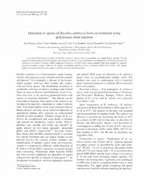 Pdf Detection Of Spores Of Bacillus Anthracis From Environment Using Polymerase Chain Reaction