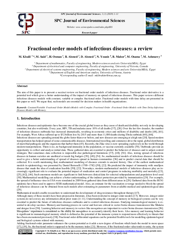 Pdf Fractional Order Models Of Infectious Diseases A Review M
