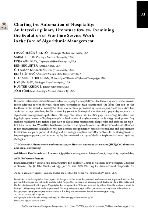 (PDF) Charting the Automation of Hospitality: An Interdisciplinary Literature Review Examining ...