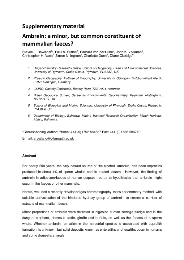 (PDF) Ambrein: a minor, but common constituent of mammalian faeces?