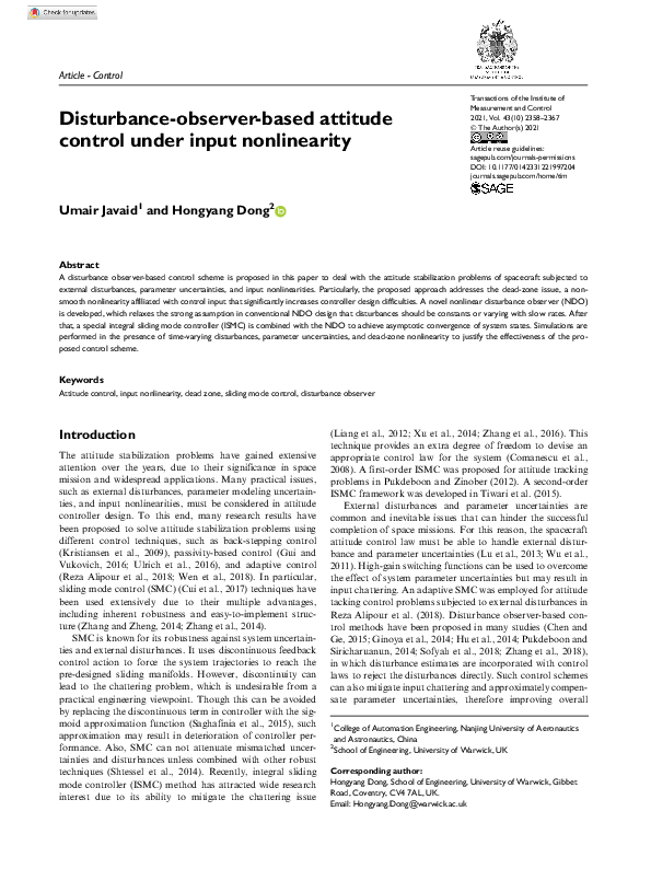 (PDF) Disturbance-observer-based attitude control under input nonlinearity