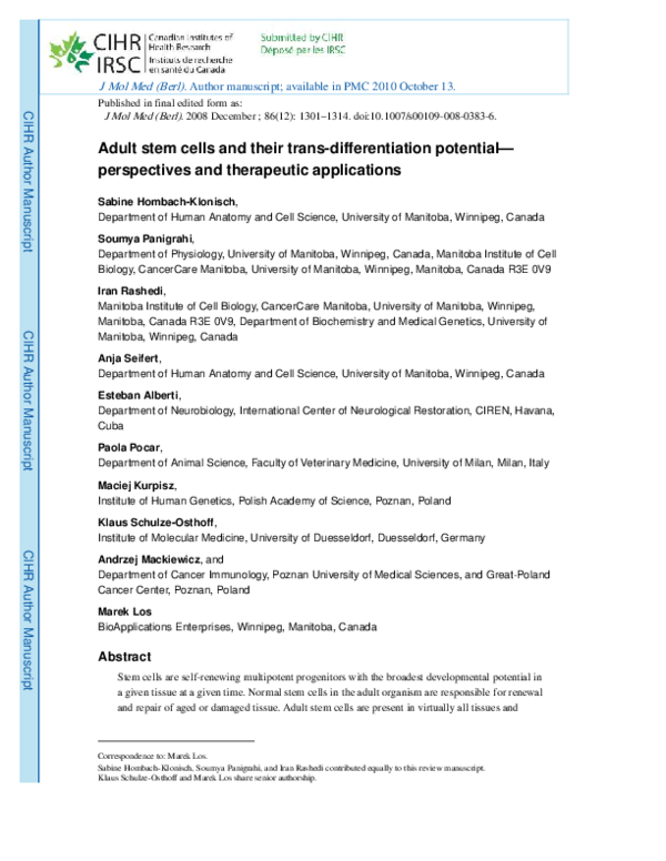 (PDF) Adult stem cells and their trans-differentiation potential ...