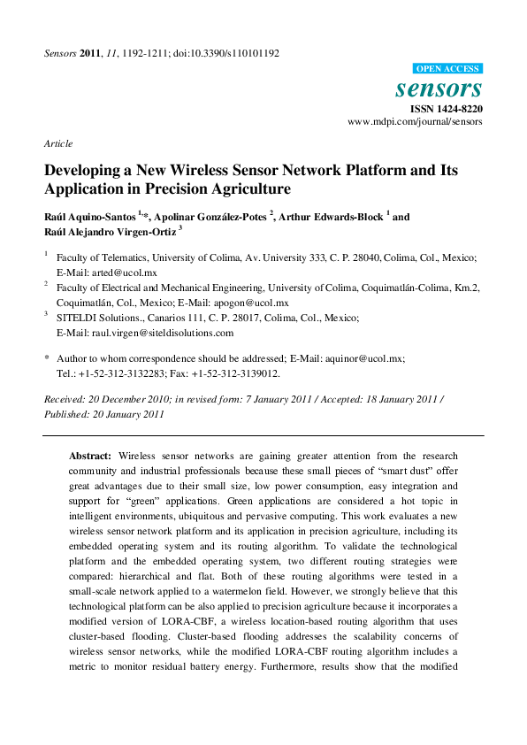(PDF) Developing a New Wireless Sensor Network Platform and Its Application in Precision Agriculture