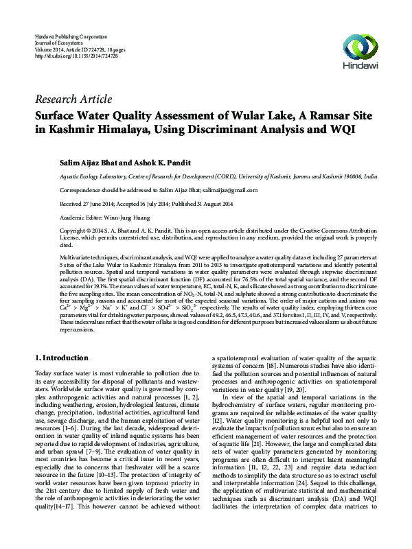 (PDF) Surface Water Quality Assessment of Wular Lake, A Ramsar Site in ...