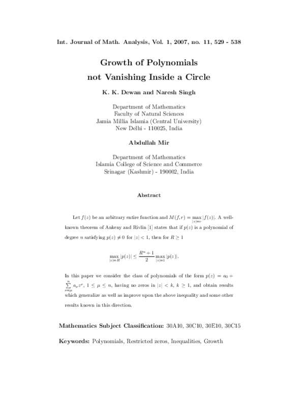 (PDF) On the maximum modulus of polynomials not vanishing inside the unit circle