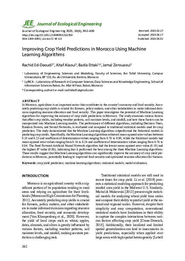 (PDF) Improving Crop Yield Predictions in Morocco Using Machine Learning Algorithms