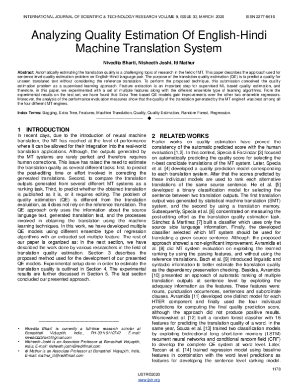 (PDF) Analyzing Quality Estimation Of English-Hindi Machine Translation ...