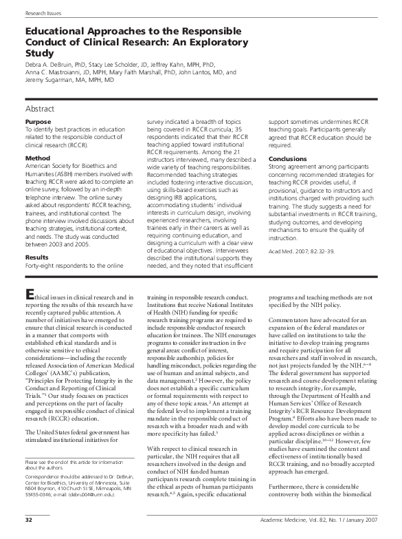 (PDF) Educational Approaches to the Responsible Conduct of Clinical ...