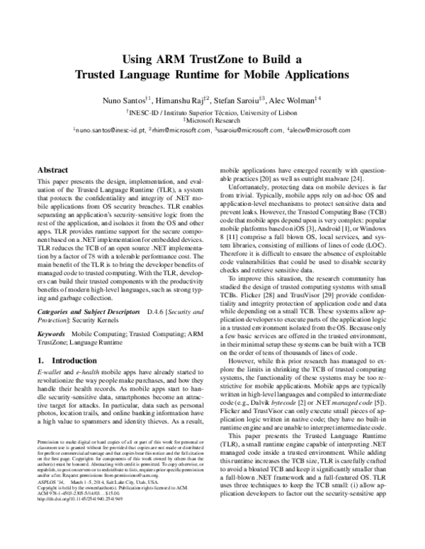 Pdf Using Arm Trustzone To Build A Trusted Language Runtime For
