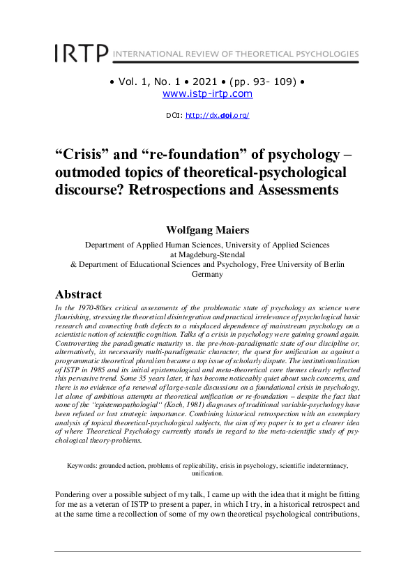 (PDF) Crisis” and “re-foundation” of psychology – outmoded topics of ...