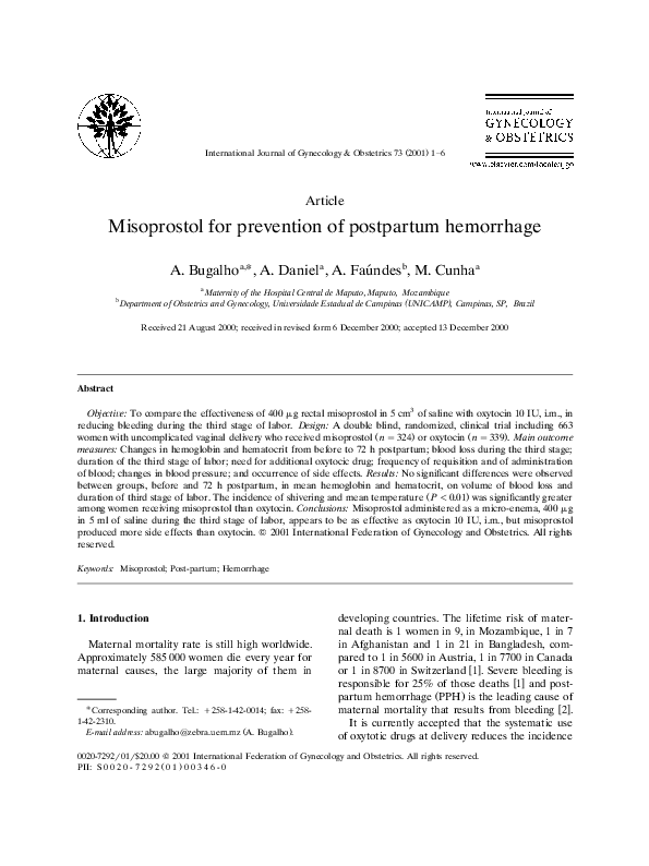 (PDF) Misoprostol for prevention of postpartum hemorrhage