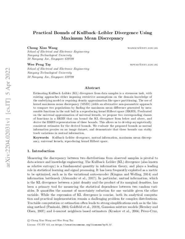 Pdf Practical Bounds Of Kullback Leibler Divergence Using Maximum Mean Discrepancy Wee Peng
