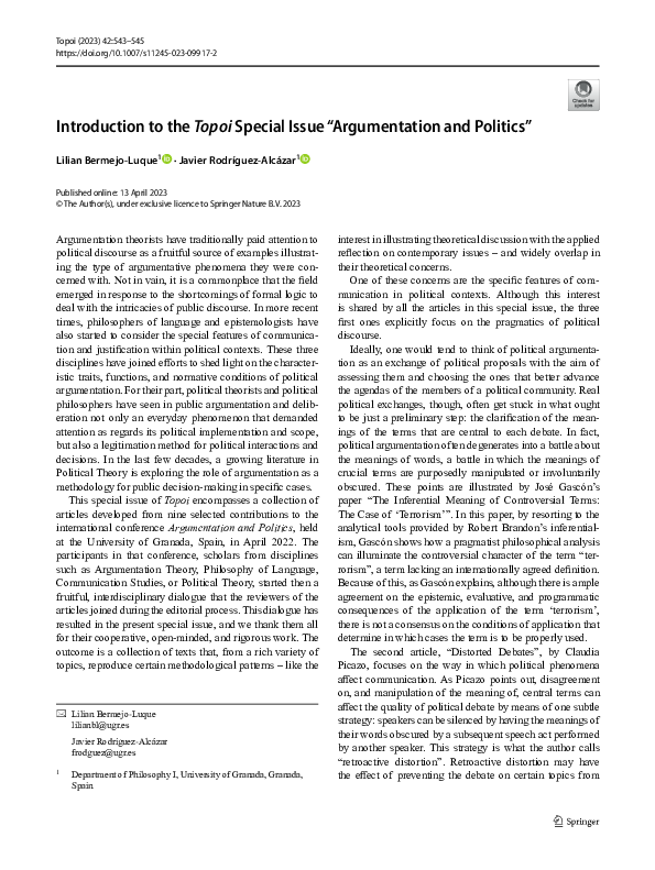 (PDF) Introduction to the Topoi Special Issue "Argumentation and politics"