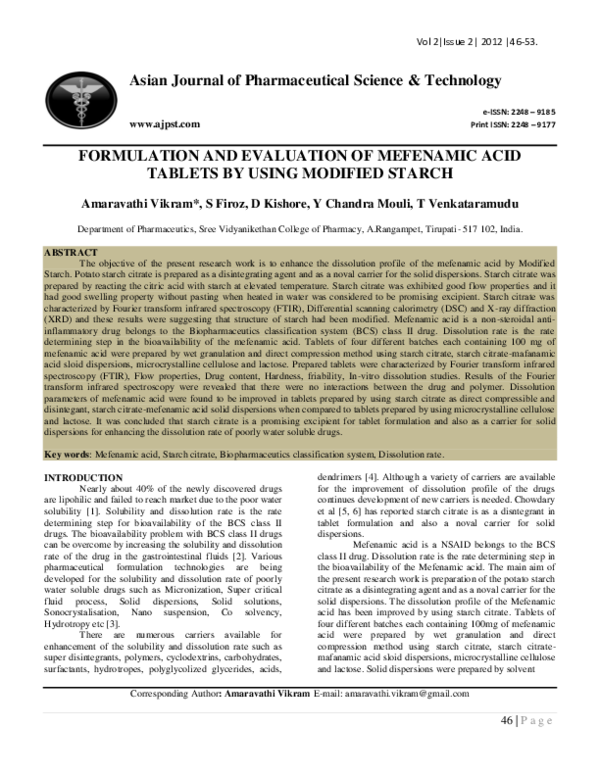 Pdf Formulation And Evaluation Of Mefenamic Acid Tablets By Using Modified Starch