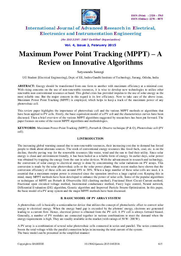(PDF) Maximum Power Point Tracking (MPPT) AReview on Innovative Algorithms