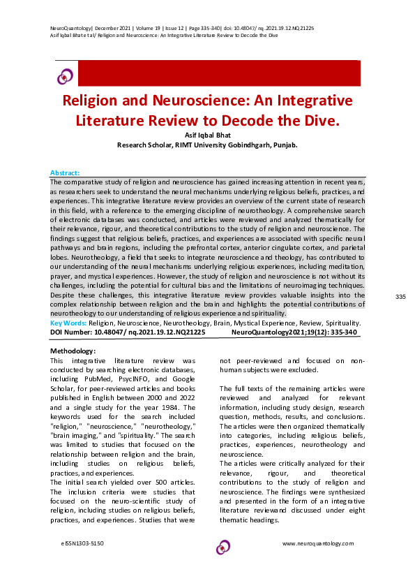 (PDF) Religion and Neuroscience: An Integrative Literature Review to Decode the Dive.