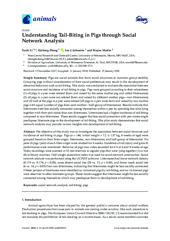 (PDF) Understanding Tail-Biting in Pigs through Social Network Analysis