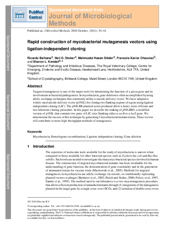 (PDF) Rapid construction of mycobacterial mutagenesis vectors using ...