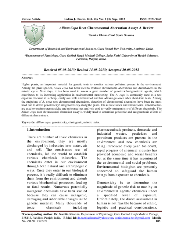 (PDF) Allium Cepa Root Chromosomal Aberration Assay: A Review