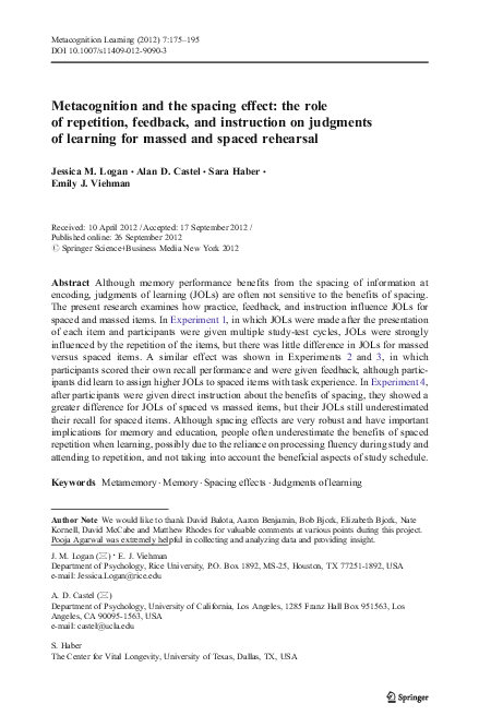 (PDF) Metacognition and the spacing effect: the role of repetition, feedback, and instruction on ...
