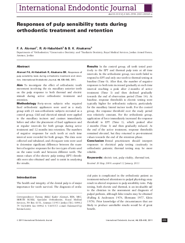 (PDF) Responses of pulp sensibility tests during orthodontic treatment ...
