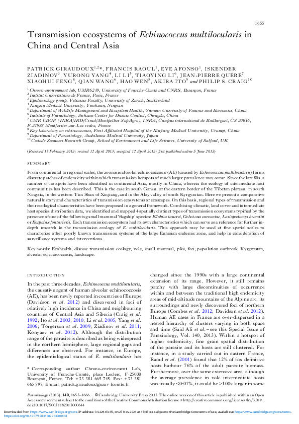 (PDF) Transmission ecosystems of Echinococcus multilocularis in China and Central Asia ...