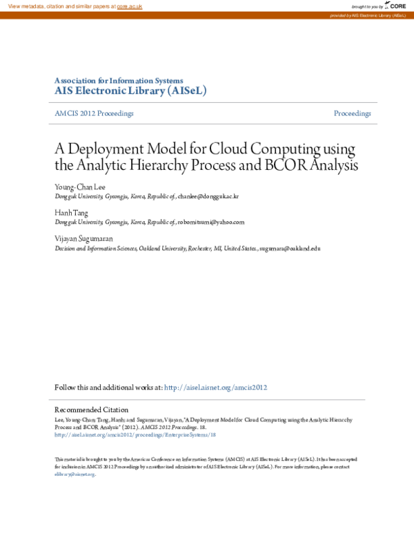 (PDF) A Deployment Model for Cloud Computing using the Analytic Hierarchy Process and BCOR Analysis