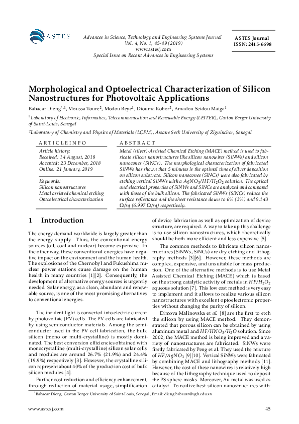 (PDF) Morphological and Optoelectrical Characterization of Silicon Nanostructures for ...