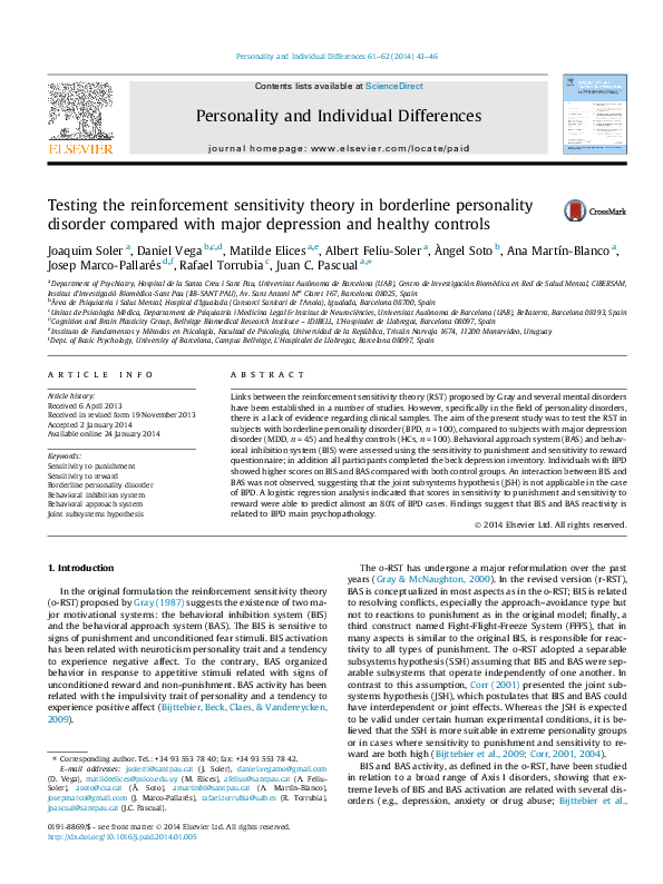 (PDF) Testing the reinforcement sensitivity theory in borderline ...