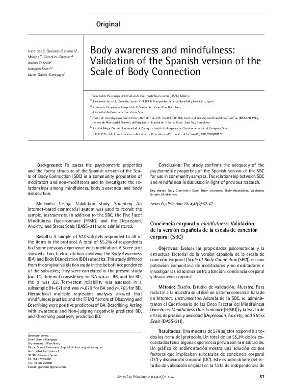 (PDF) Body awareness and mindfulness: validation of the Spanish version ...
