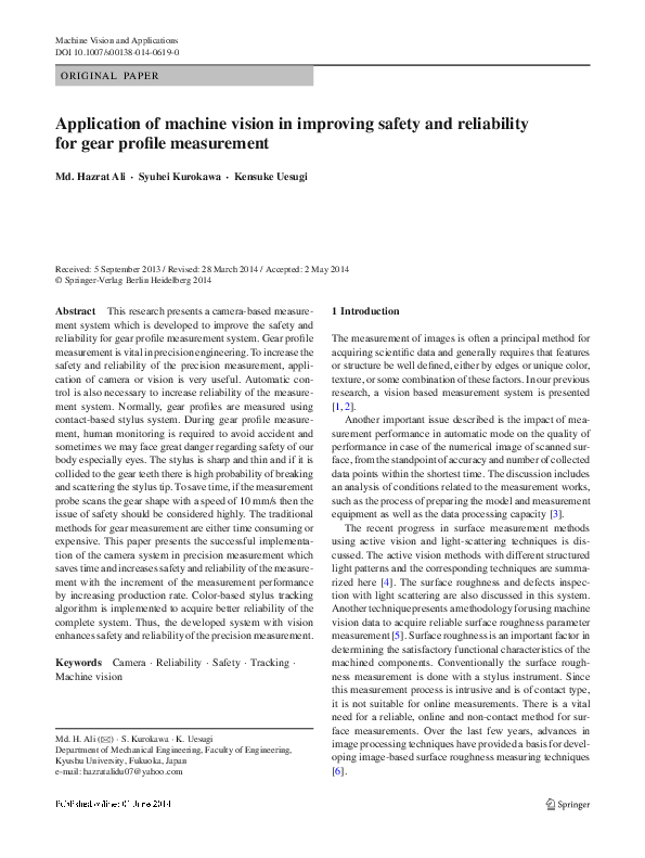 (PDF) Application of machine vision in improving safety and reliability ...