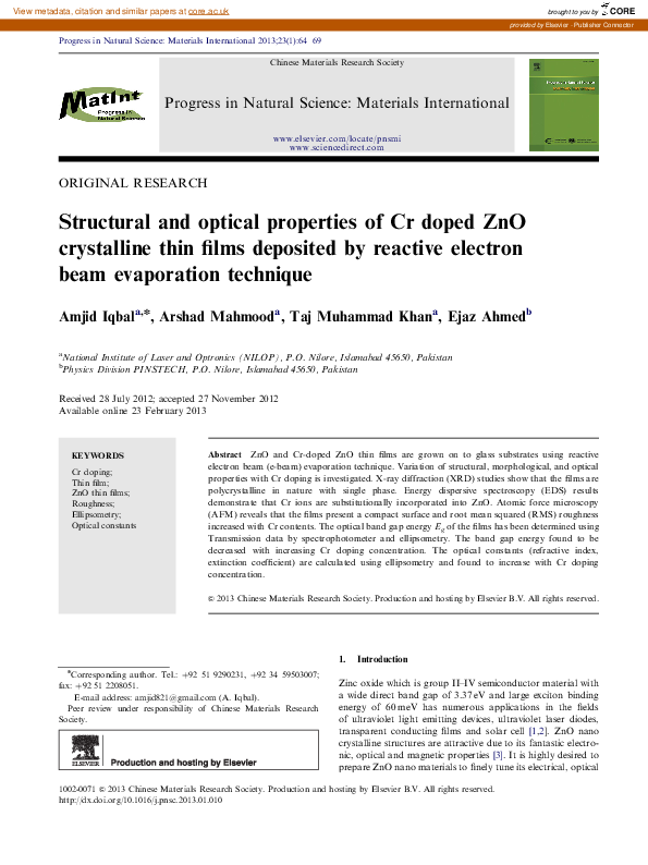 (PDF) Structural and optical properties of Cr doped ZnO crystalline thin films deposited by ...