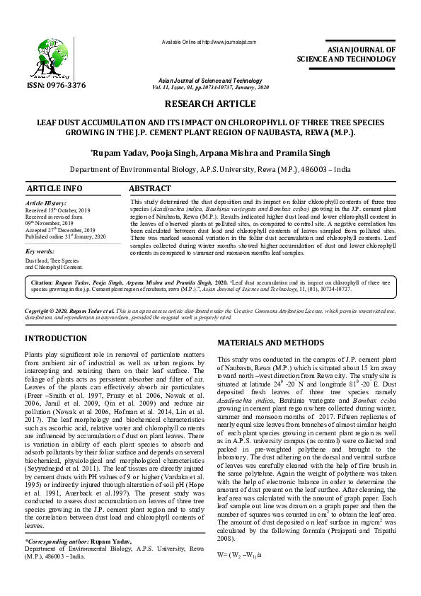 (PDF) Leaf Dust Accumulation and Its Impact on Chlorophyll of Three ...