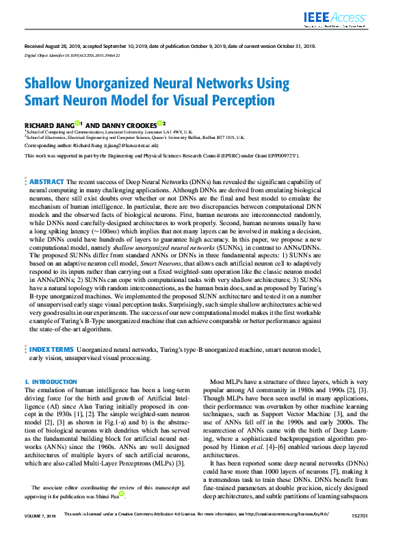 (PDF) Shallow Unorganized Neural Networks Using Smart Neuron Model for Visual Perception