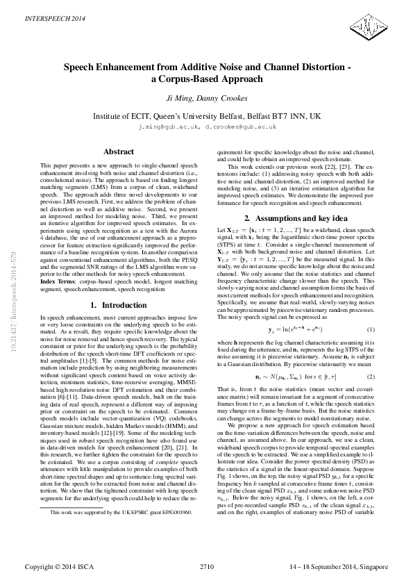 (PDF) Speech enhancement from additive noise and channel distortion — a corpus-based approach
