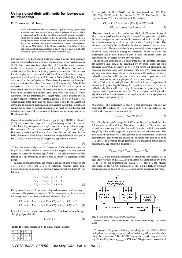 (PDF) Using signed digit arithmetic for low-power multiplication
