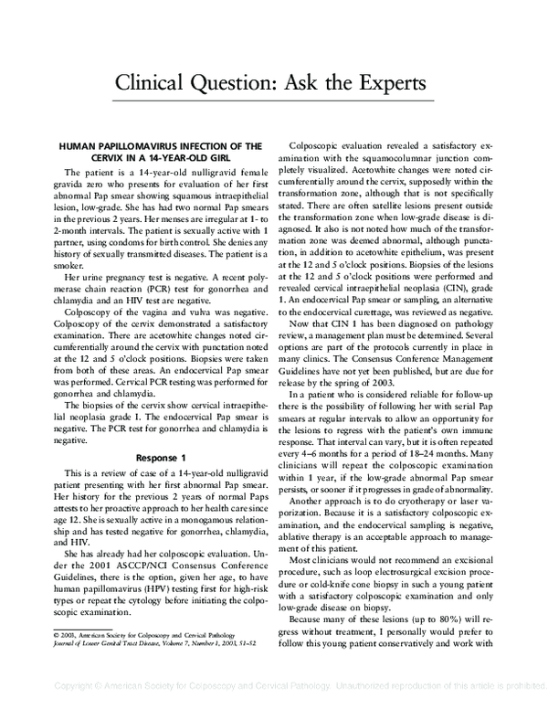 (PDF) Human Papillomavirus Infection of the Cervix in a 14-Year-Old Girl