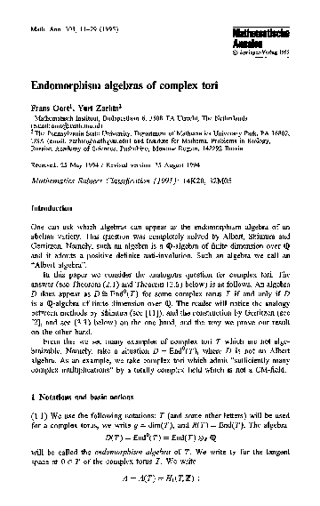 (PDF) Endomorphism Algebras of Complex Tori