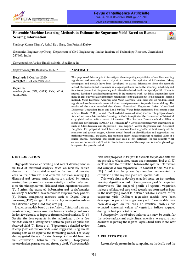 (PDF) Ensemble Machine Learning Methods to Estimate the Sugarcane Yield Based on Remote Sensing ...