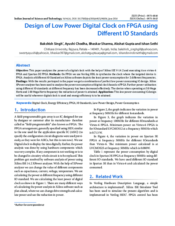 Pdf Design Of Low Power Digital Clock On Fpga Using Different Io Standards