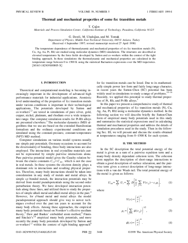 (PDF) Thermal and mechanical properties of some fcc transition metals
