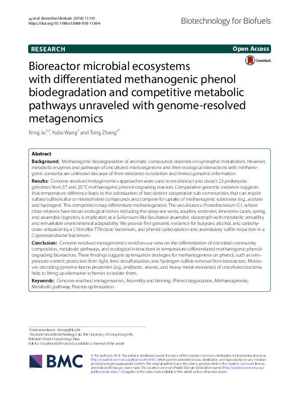 (PDF) Bioreactor microbial ecosystems with differentiated methanogenic phenol biodegradation and ...