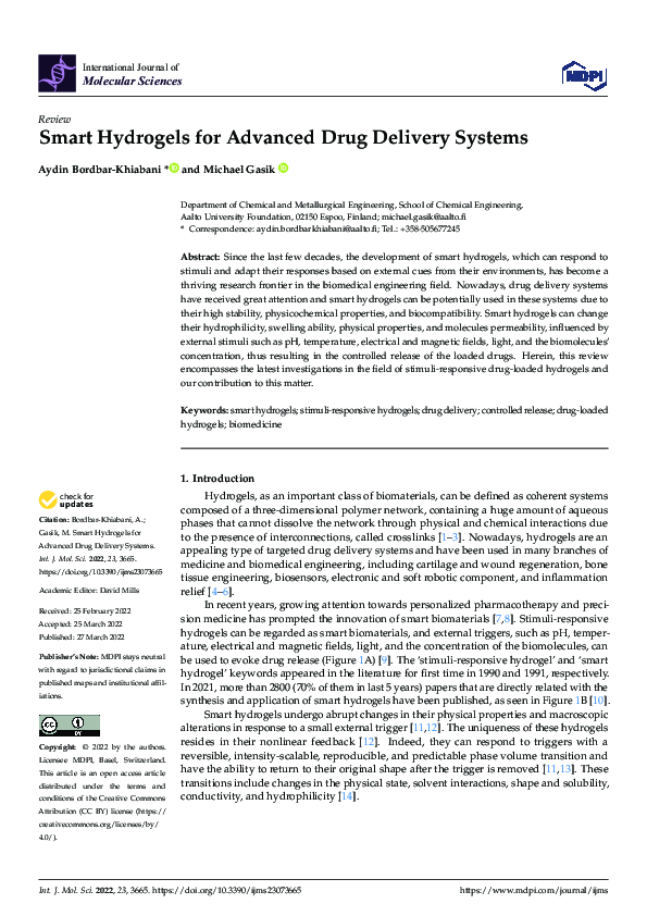 (PDF) Smart Hydrogels for Advanced Drug Delivery Systems