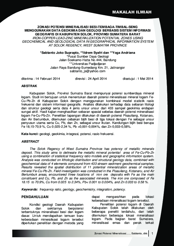 (PDF) Zonasi Potensi Mineralisasi Besi-Tembaga-Timbal-Seng Gunakan Data ...
