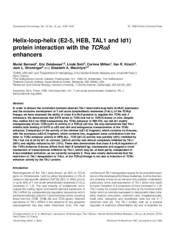(PDF) Helix-loop-helix (E2-5, HEB, TAL1 and Id1) protein interaction ...