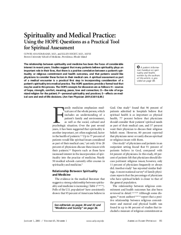 (PDF) Spirituality and medical practice: Using the HOPE questions as a ...