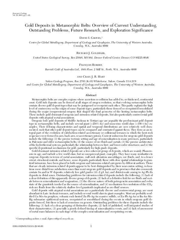 (PDF) Gold Deposits in Metamorphic Belts: Overview of Current ...