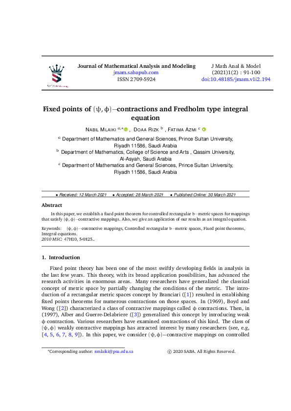 Pdf Fixed Points Of Psi Phi Contractions And Fredholm Type Integral Equation