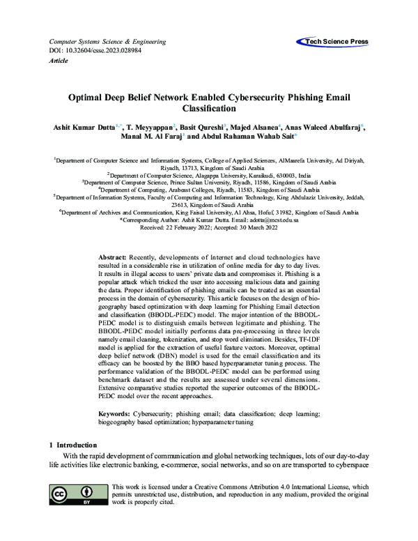 (PDF) Optimal Deep Belief Network Enabled Cybersecurity Phishing Email Classification