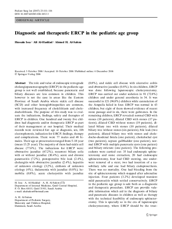 (PDF) Diagnostic and therapeutic ERCP in the pediatric age group